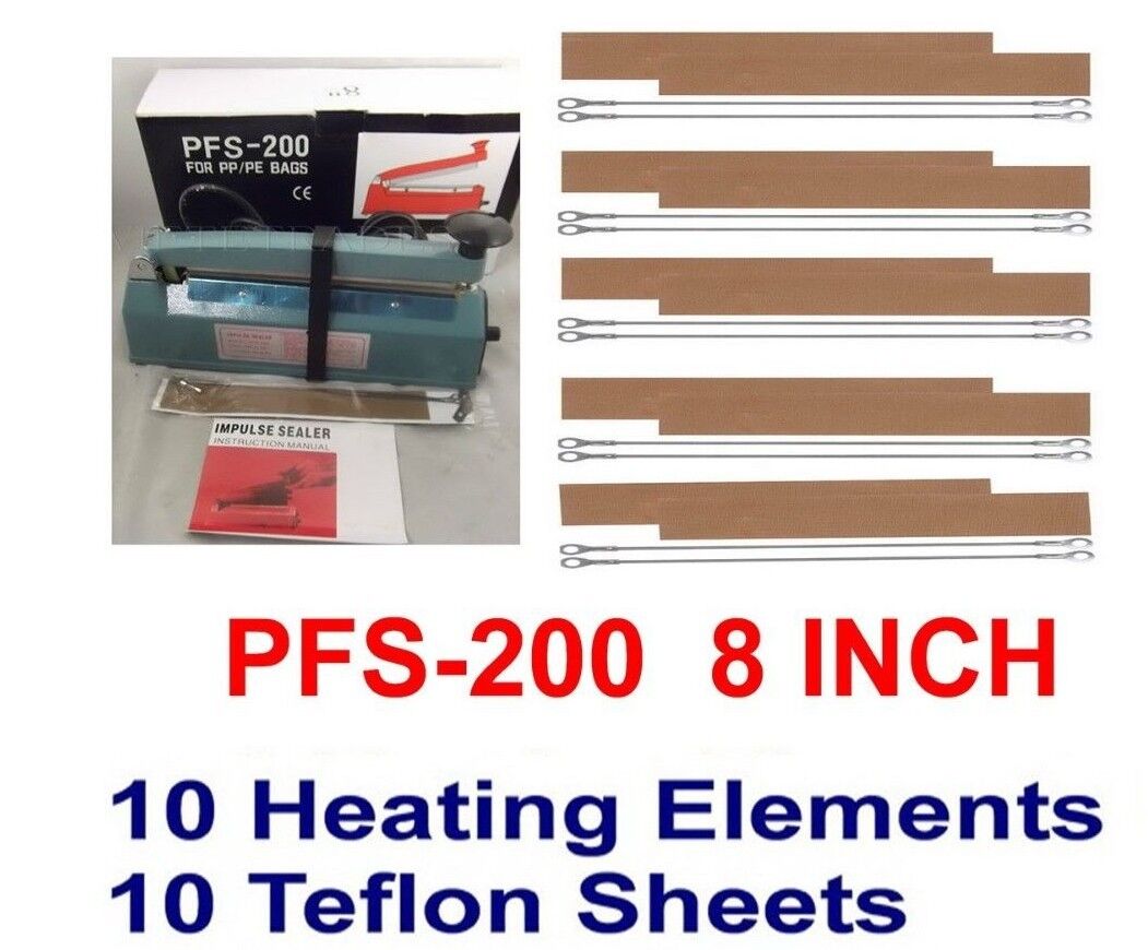 8" PFS-200 Hand Impulse Sealer + 10 Heating Element +10 PTFI Sheet ...